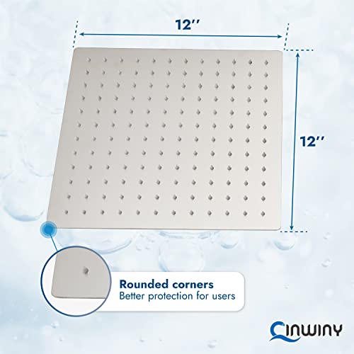 Cinwiny 12 Inch Shower Head Rainfall Brushed Nickel Luxury Square SUS304 Rain Showerhead High Pressure 1/16" Ultra-thin Adjustable Angles Waterfall Full Body Coverage with Silicone Nozzle