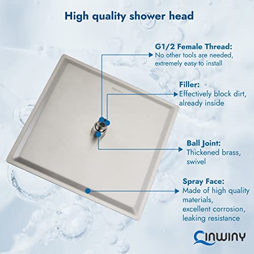 Cinwiny 12 Inch Shower Head Rainfall Brushed Nickel Luxury Square SUS304 Rain Showerhead High Pressure 1/16" Ultra-thin Adjustable Angles Waterfall Full Body Coverage with Silicone Nozzle