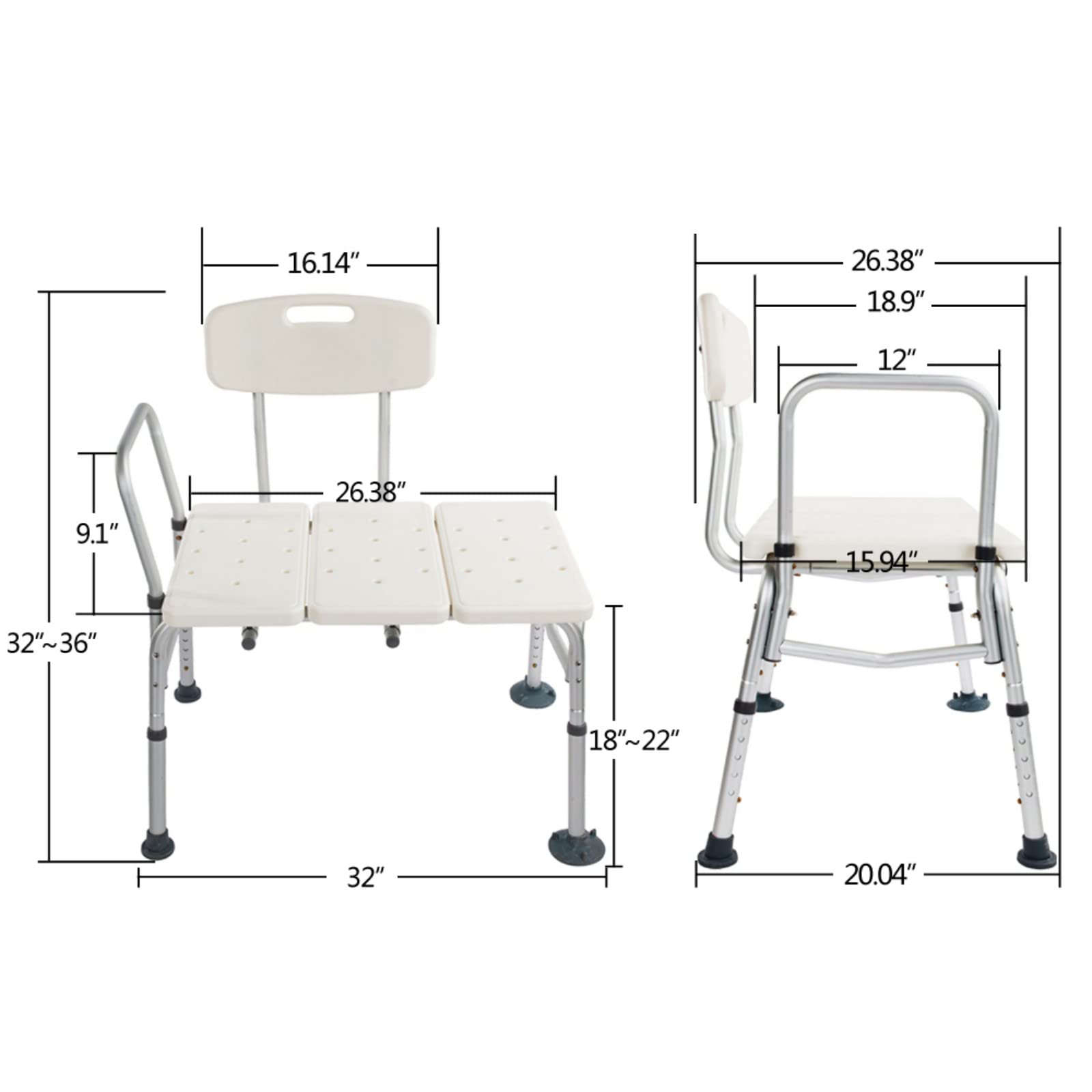 Winado Tub Transfer Bench for Bathtub with Backrest & Armrest, Supports up to 330 lbs Aluminium Alloy Bath Chair, White