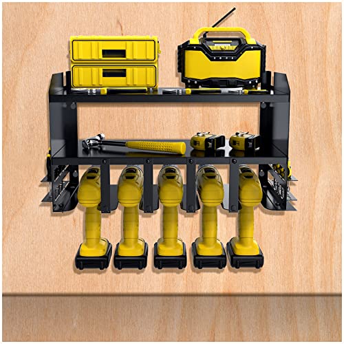 Power Tool Organizer, Drill Holder Wall Mount Heavy Duty Metal Tool Shelf Garage Tool Organizers with 5 Slots and Storage Larger Capacity Tool Rack for Home Work