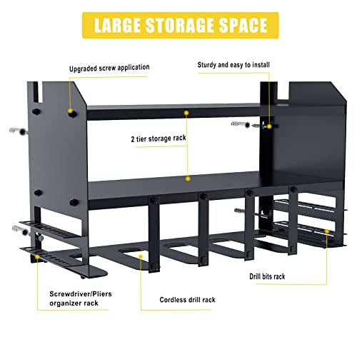 Power Tool Organizer, Drill Holder Wall Mount Heavy Duty Metal Tool Shelf Garage Tool Organizers with 5 Slots and Storage Larger Capacity Tool Rack for Home Work