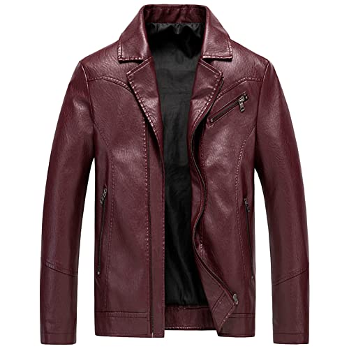 Maiyifu-GJ Men's PU Faux Leather Jacket Notch Lapel Slim Fit Zip Up Biker Jacket Vintage Moto Lightweight Outwear Coat (Red Wine,Medium)