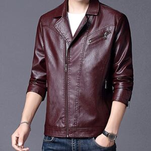 Maiyifu-GJ Men's PU Faux Leather Jacket Notch Lapel Slim Fit Zip Up Biker Jacket Vintage Moto Lightweight Outwear Coat (Red Wine,Medium)