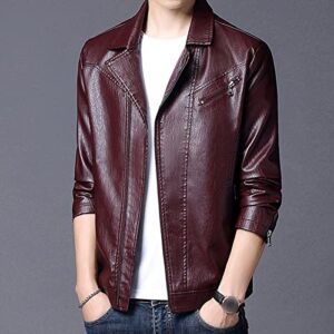 Maiyifu-GJ Men's PU Faux Leather Jacket Notch Lapel Slim Fit Zip Up Biker Jacket Vintage Moto Lightweight Outwear Coat (Red Wine,Medium)