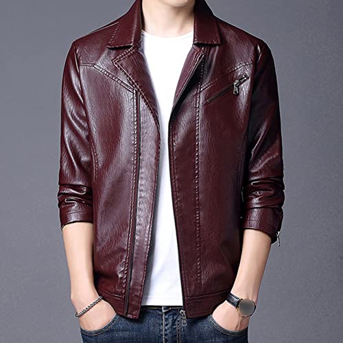 Maiyifu-GJ Men's PU Faux Leather Jacket Notch Lapel Slim Fit Zip Up Biker Jacket Vintage Moto Lightweight Outwear Coat (Red Wine,Medium)