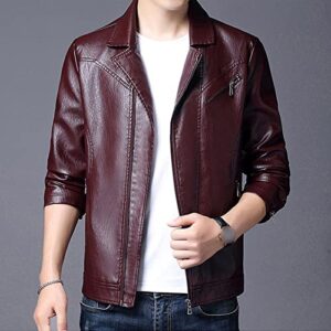 Maiyifu-GJ Men's PU Faux Leather Jacket Notch Lapel Slim Fit Zip Up Biker Jacket Vintage Moto Lightweight Outwear Coat (Red Wine,Medium)