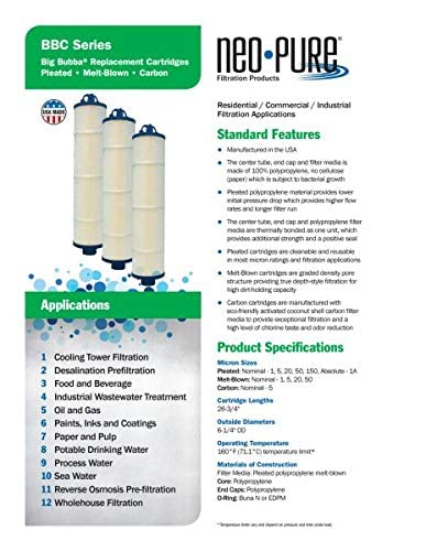 Neo-Pure BB150-PH01A Big Bubba 1 Micron Pleated Filter Cartridge Compatible with Watts BBC-150-P1A Big Bubba BBH-150 housing (4 Pack)