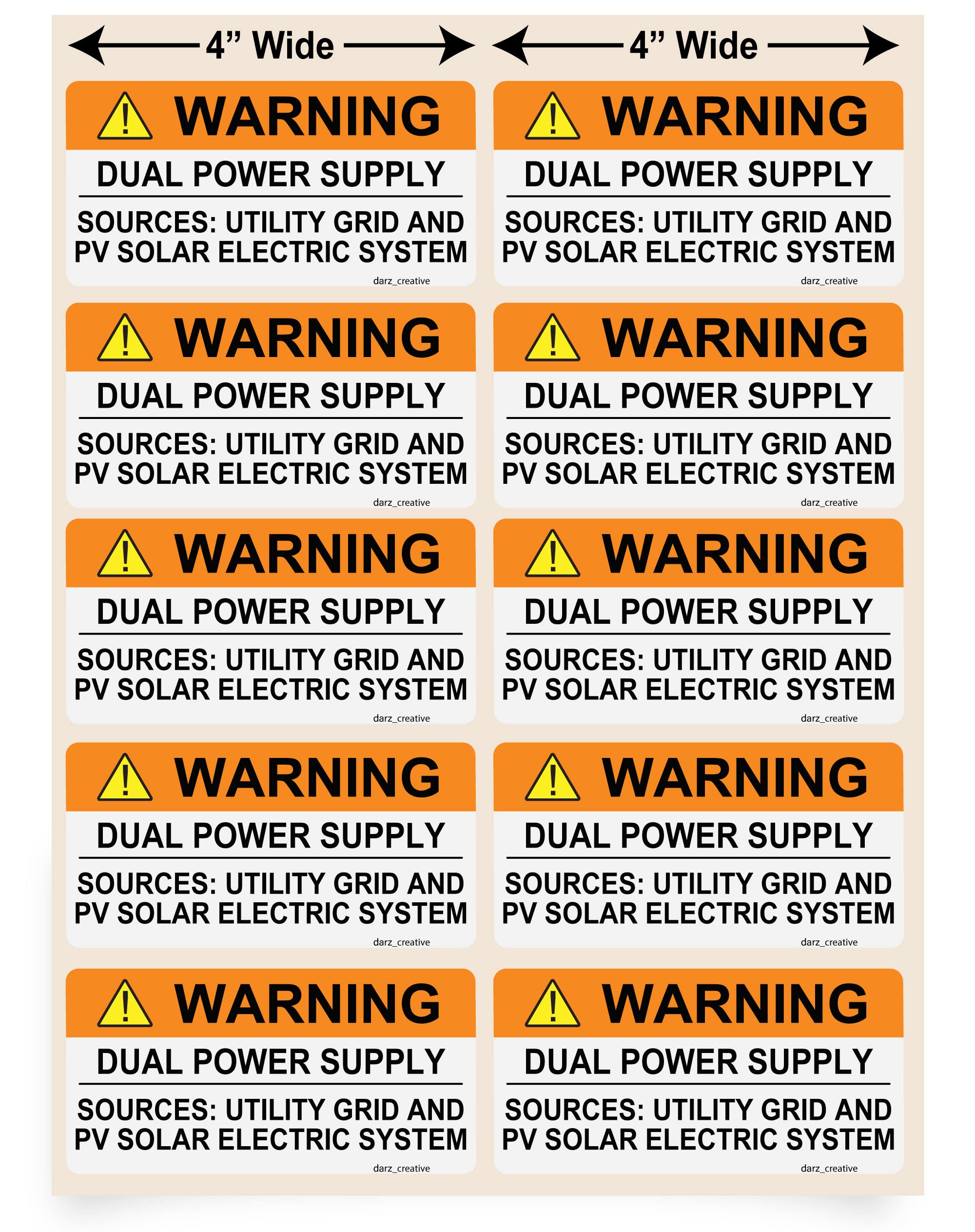 20 Premium Warning Dual Power Supply Solar PV Labels Weatherproof 2020 & 2017 Electrical Code