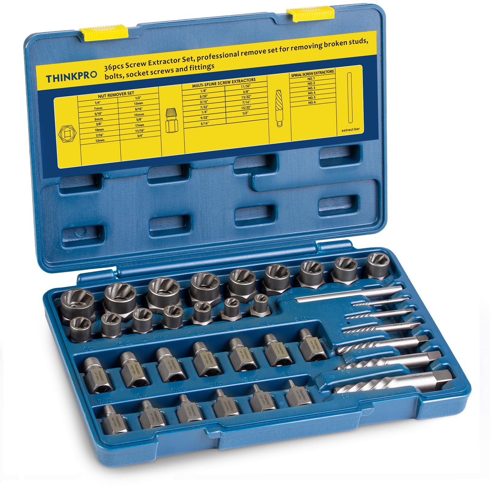 THINKPRO 36Pcs Screw & Bolt Extractor Set, 2-in-1 Multi-Spline Lug nut Remover, Easy out Stripped Screw Removal Tool Kit for Damaged, Frozen, Studs, Rusted, Rounded-Off Bolts, Nuts