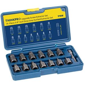 thinkpro 14pcs screw extractor set, easy out bolt extractor kit with 3/8" inch drive hex-head, multi-spline rounded bolt remover tool for removing damaged studs, bolts, screws