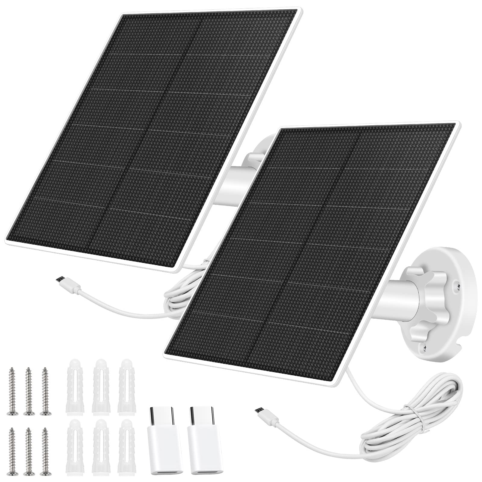 Solar Panel for Security Camera,5W USB Solar Panel for DC 5V Security Camera with Micro USB or USB-C Port,IP65 Waterproof Solar Charger for Camera with 360°Adjustable Mounting(2 Pack)