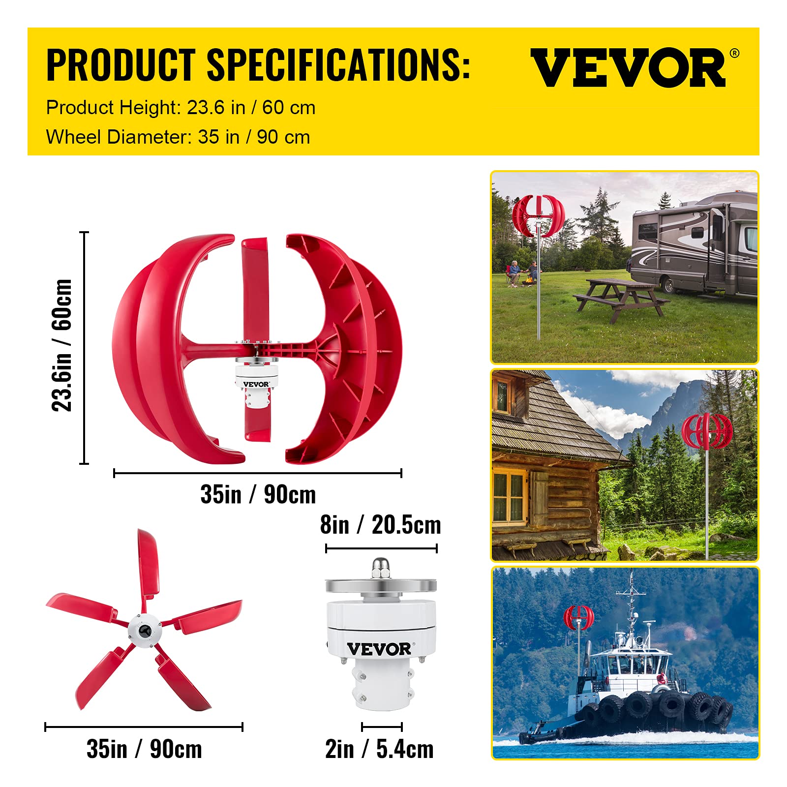 VEVOR Lantern Wind Turbine, 12V/100W Vertical Turbine Generator, 35'' Wheel Diameter Axis w/Monitoring Light/Built-in Controller for Terrace/Chalet/Fishing Boat/Motor Home Red