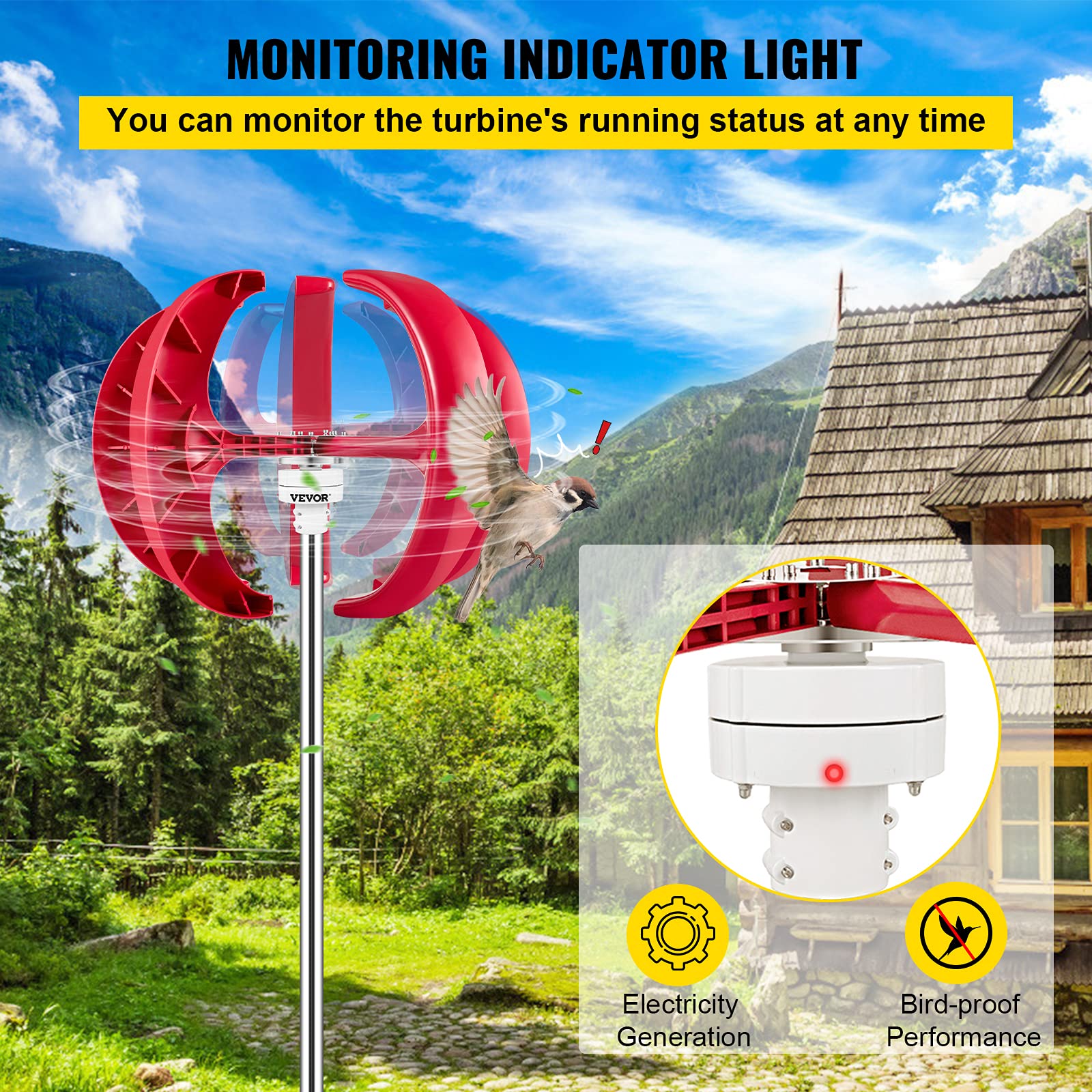 VEVOR Lantern Wind Turbine, 12V/100W Vertical Turbine Generator, 35'' Wheel Diameter Axis w/Monitoring Light/Built-in Controller for Terrace/Chalet/Fishing Boat/Motor Home Red