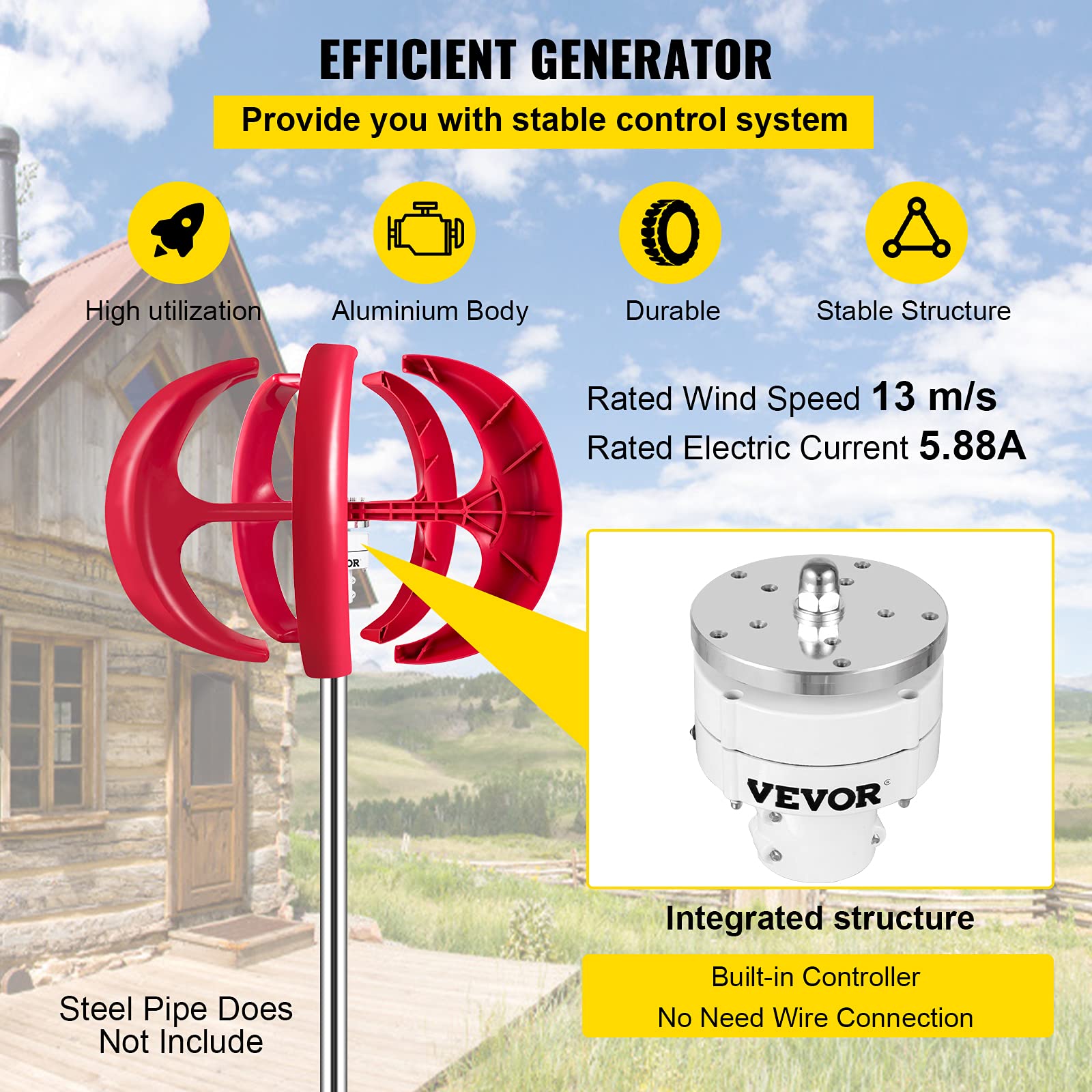 VEVOR Lantern Wind Turbine, 12V/100W Vertical Turbine Generator, 35'' Wheel Diameter Axis w/Monitoring Light/Built-in Controller for Terrace/Chalet/Fishing Boat/Motor Home Red