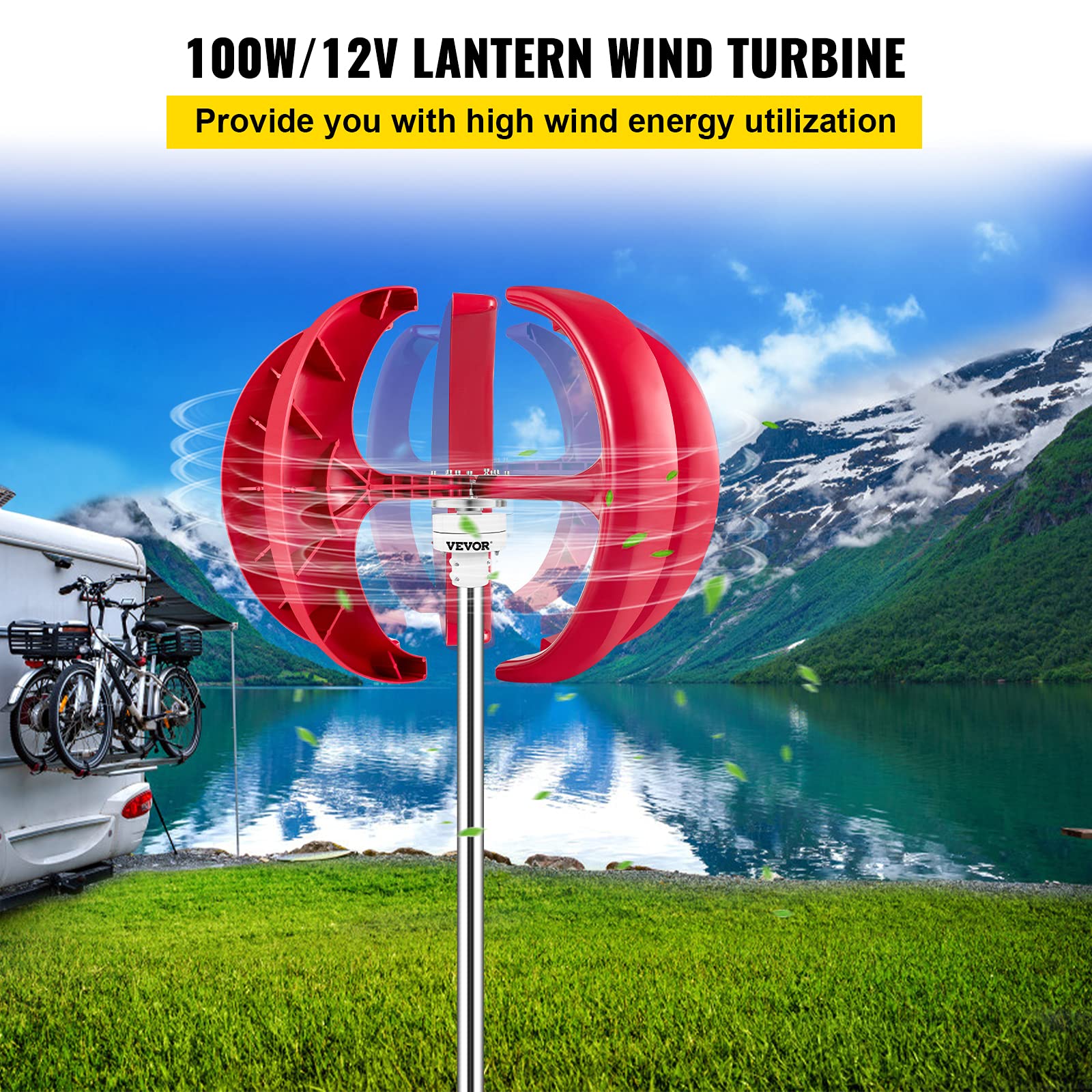 VEVOR Lantern Wind Turbine, 12V/100W Vertical Turbine Generator, 35'' Wheel Diameter Axis w/Monitoring Light/Built-in Controller for Terrace/Chalet/Fishing Boat/Motor Home Red