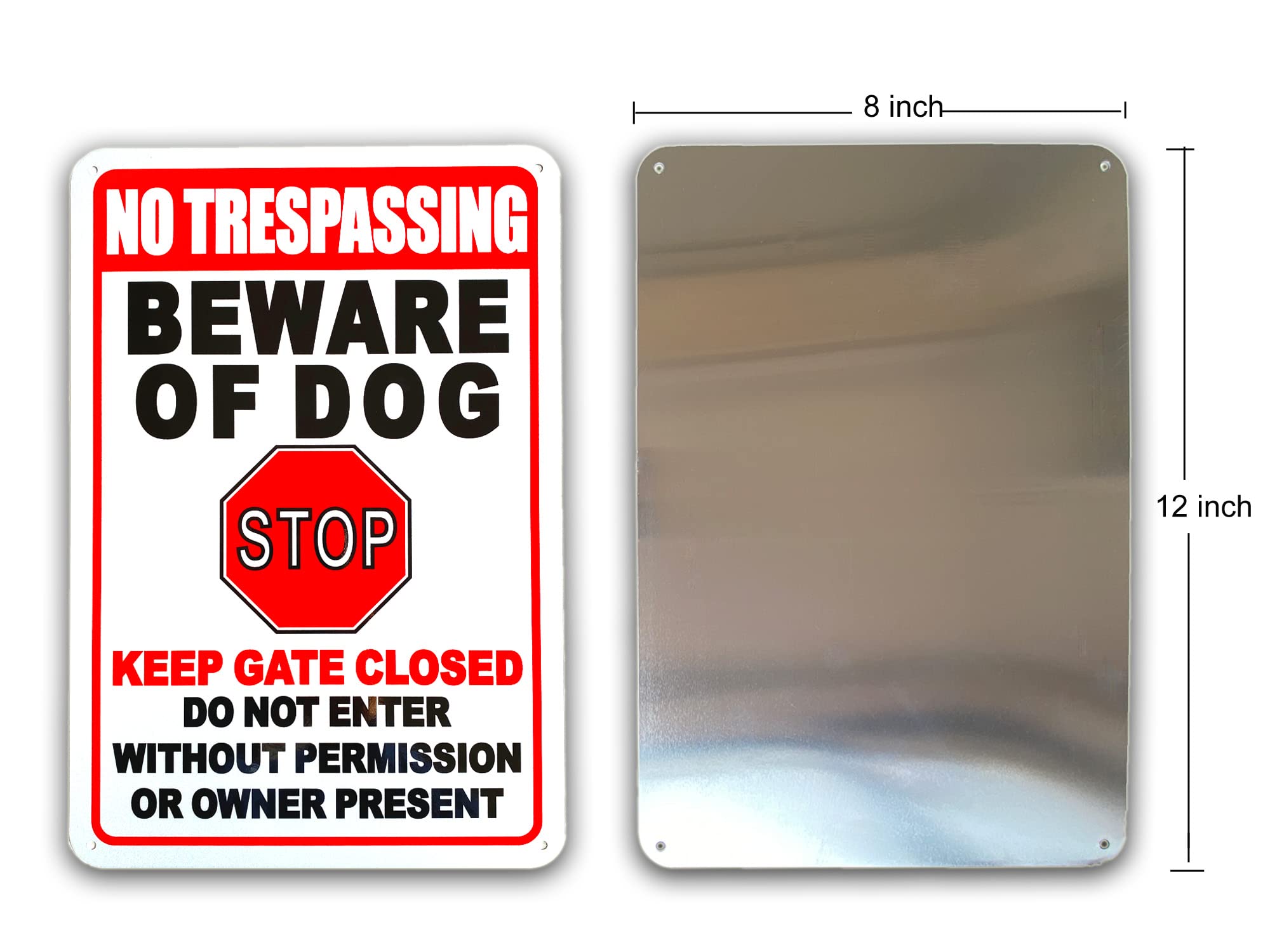 No Trespassing Beware of Dogs Stop Keep Gate Closed Do Not Enter Without Permission or Owner Present Sign for Room Wall Bathroom Decoration 12 x 8 Inch (2 Pack)