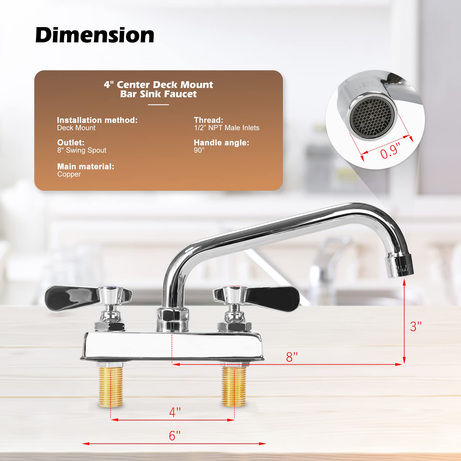 Commercial Bar Sink Faucet 4 Inch Center Deck Mount Bar Sink Faucet 2 Hole Brass Constructed & Chrome Polished with 8" Swivel Spout & Dual Lever Handles