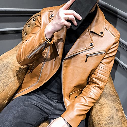 Maiyifu-GJ Men's PU Leather Jacket Vintage Asymmetric Zip Motorcycle Jacket Casual Lightweight Faux Leather Biker Coat (Yellow,3X-Large)