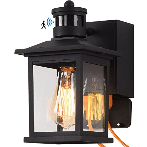 FLEDAVID Motion Sensor Outdoor Porch Light with GFCI Outlet Built in Black Exterior Wall Lantern Dusk to Dawn Outside Sconce Lighting Fixture Rustic Wall Mount Coach Lamp for House Garage Patio