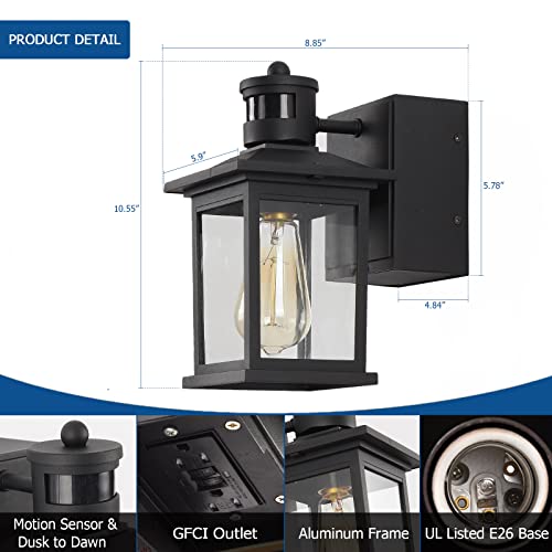 FLEDAVID Motion Sensor Outdoor Porch Light with GFCI Outlet Built in Black Exterior Wall Lantern Dusk to Dawn Outside Sconce Lighting Fixture Rustic Wall Mount Coach Lamp for House Garage Patio