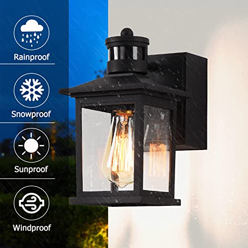 FLEDAVID Motion Sensor Outdoor Porch Light with GFCI Outlet Built in Black Exterior Wall Lantern Dusk to Dawn Outside Sconce Lighting Fixture Rustic Wall Mount Coach Lamp for House Garage Patio