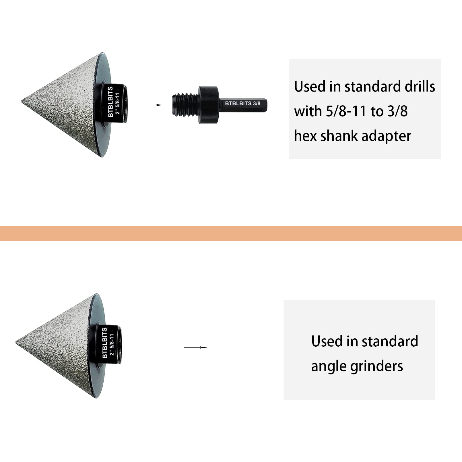 BTBLBITS Diamond Beveling Chamfer Bit 0-2" (50mm) Countersink Drill Bits for Hole Enlarging Trimming in Tile Granite Marble Porcelain Ceramic W/ 5/8"-11 Thread for Angle Grinders & 3/8” Hex Shank