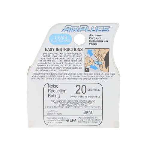 HEAROS AirPlugs Airline Pressure Reducing Earplugs, 1 Pair + Free Case, Latex Free Silicone, Reduce Ear Pain, NRR 20, Clear (5805)