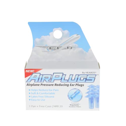 HEAROS AirPlugs Airline Pressure Reducing Earplugs, 1 Pair + Free Case, Latex Free Silicone, Reduce Ear Pain, NRR 20, Clear (5805)