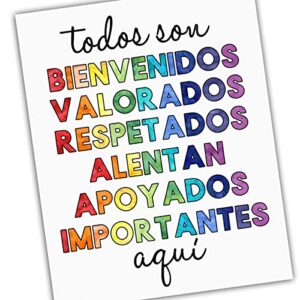 spanish language inclusivity diversity art for kids - todos son bienvenidos valorados respetados alentan apoyados importantes aqui - all are welcome here - rainbow poster (5x7" unframed print)