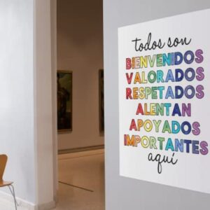 Spanish Language Inclusivity Diversity Art for Kids - Todos Son Bienvenidos Valorados Respetados Alentan Apoyados Importantes Aqui - All Are Welcome Here - RAINBOW Poster (5x7" UNFRAMED Print)