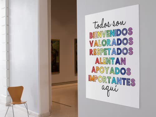 Spanish Language Inclusivity Diversity Art for Kids - Todos Son Bienvenidos Valorados Respetados Alentan Apoyados Importantes Aqui - All Are Welcome Here - RAINBOW Poster (5x7" UNFRAMED Print)