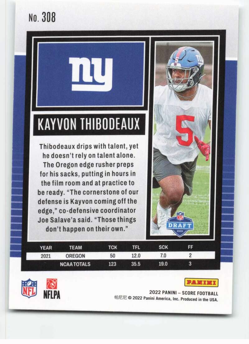 2022 Score #308 Kayvon Thibodeaux NM-MT RC Rookie New York Giants Football NFL