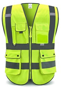 xiake 8 pockets class 2 high visibility reflective safety vest for men women construction working running cycling vests(x-large,yellow)