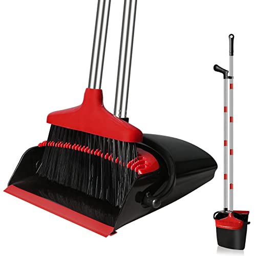 GRAREND Broom and Dustpan Set for Home, Upright 55" Long Handle Broom with Dustpan Combo Set, Lobby Broom Sweeping for House Kitchen Room Office Indoor Floor Cleaning Supplies Housewarming Gift - Red