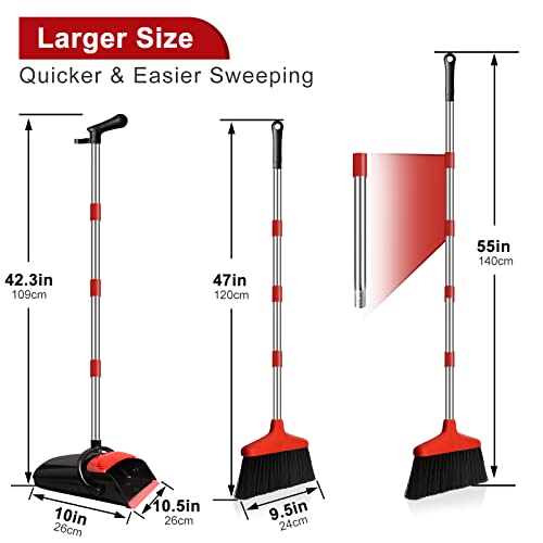 GRAREND Broom and Dustpan Set for Home, Upright 55" Long Handle Broom with Dustpan Combo Set, Lobby Broom Sweeping for House Kitchen Room Office Indoor Floor Cleaning Supplies Housewarming Gift - Red