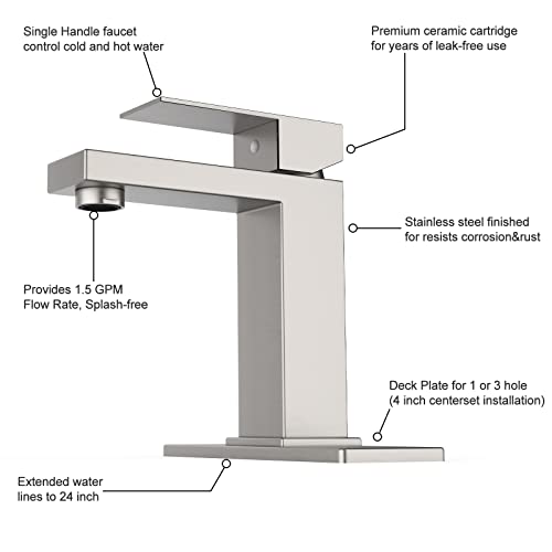 Homfan Brushed Nickel Bathroom Sink Faucet for 1 or 3 Holes with Pop Up Drain Stopper & Water Supply Hoses No-Lead Modern Single Handle Bathroom Faucet (Deck Plate Included)