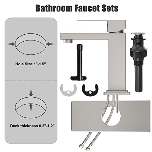 Homfan Brushed Nickel Bathroom Sink Faucet for 1 or 3 Holes with Pop Up Drain Stopper & Water Supply Hoses No-Lead Modern Single Handle Bathroom Faucet (Deck Plate Included)