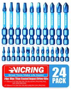 impact driver bit set screwdriver bit set blue titan coated s2 steel 1/4 hex shank t15 t20 t25 ph1 ph2 sq1 sq2 sq3 sl6-8 24pcs 1 and 2 inch long magnetic screwdriver bits