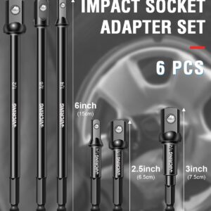 Impact Socket Adapter Set Impact Driver Socket Extension Set 1/4 3/8 1/2 Drive Socket Adapter for Drill Hex Shank Socket Driver set Turn Impact Drill Into High Torque Impact Wrench (6Pcs, 3" & 6")