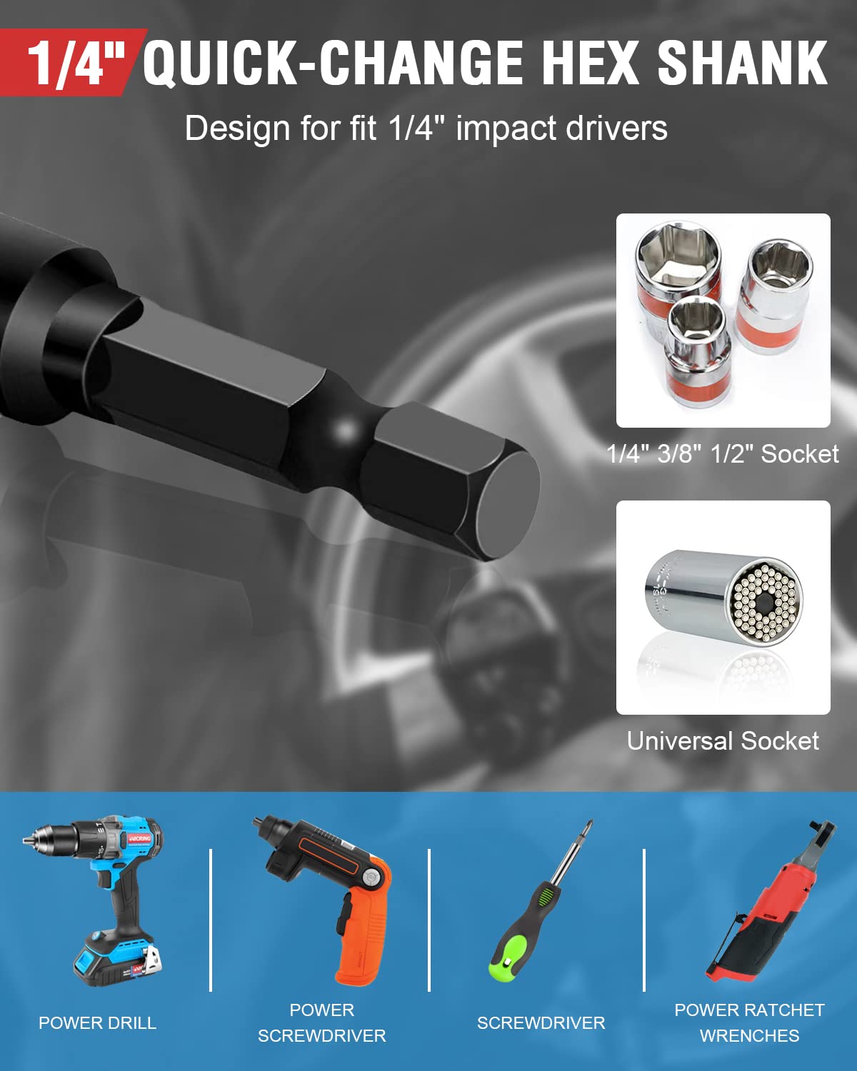 Impact Socket Adapter Set Impact Driver Socket Extension Set 1/4 3/8 1/2 Drive Socket Adapter for Drill Hex Shank Socket Driver set Turn Impact Drill Into High Torque Impact Wrench (6Pcs, 3" & 6")