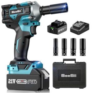 seesii 3/8" cordless impact wrench, power impact gun w/max torque 330ft-lbs(450n.m), 4.0ah rechargable battery & 4 sockets, compact power impact wrench for lightduty work car home,wh450