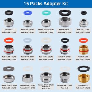 Hygie Rinse 15pcs Brass Faucet Adapter Kit, Faucet Aerator Adapter Set Male Female Sink Faucet Adapter Converter to Garden Hose, Standard Hose in RV, Apply on Both Removable and Cache Aerator