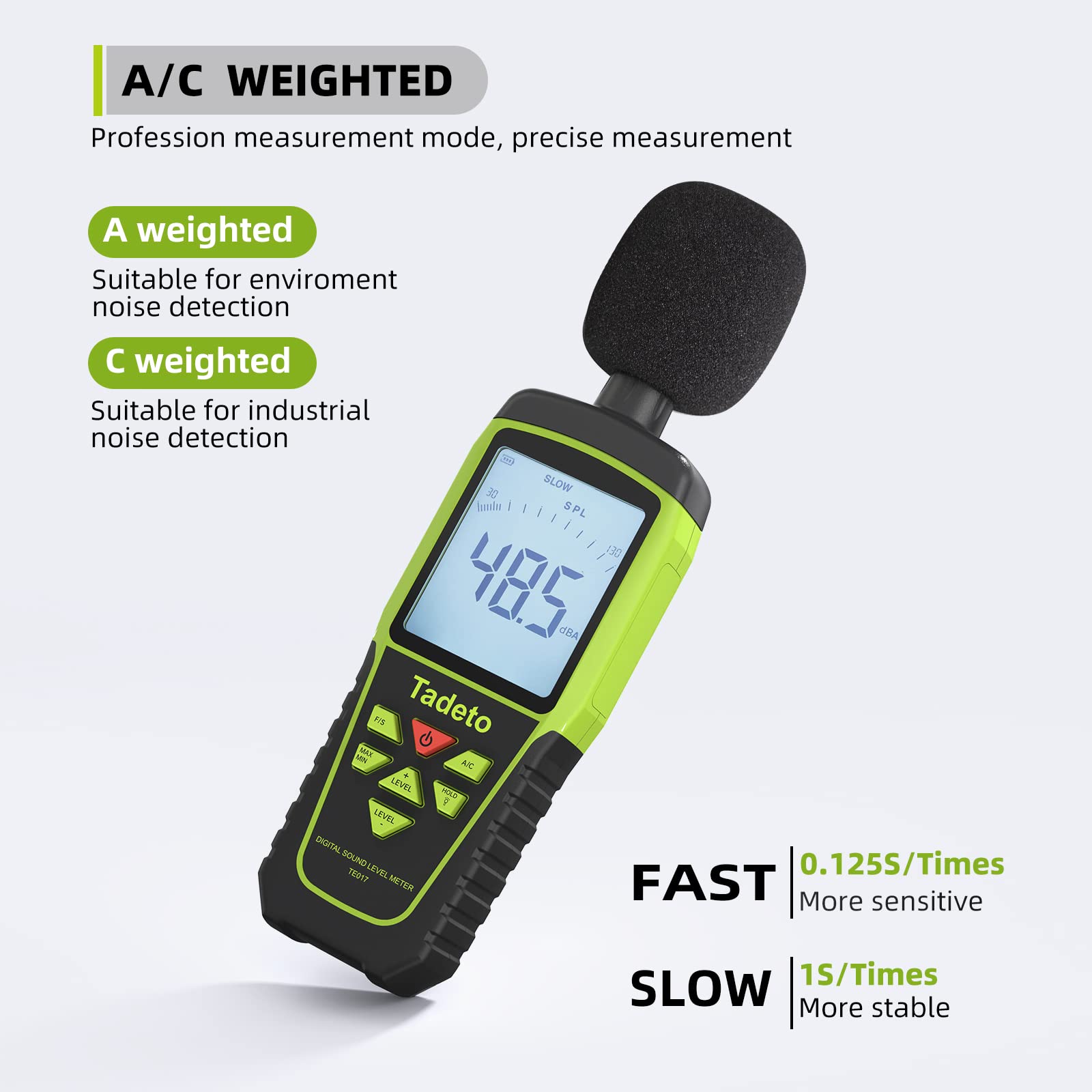 Decibel Meter, Tadeto Digital Sound Level Meter Portable SPL Meter 30dB to 130dB(5 Measurement Range) Backlight LCD Display, MAX/MIN Noise Measurement, Audible and Visual Alarms,Data Hold, A/C Mode