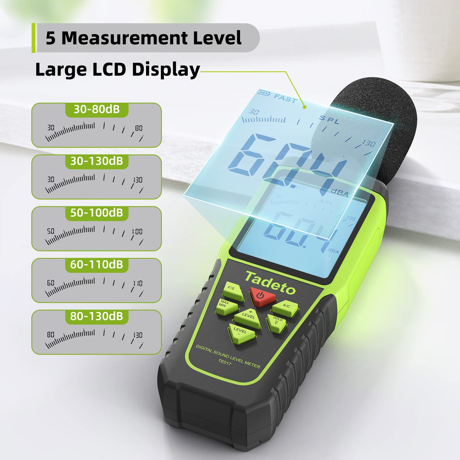 Decibel Meter, Tadeto Digital Sound Level Meter Portable SPL Meter 30dB to 130dB(5 Measurement Range) Backlight LCD Display, MAX/MIN Noise Measurement, Audible and Visual Alarms,Data Hold, A/C Mode