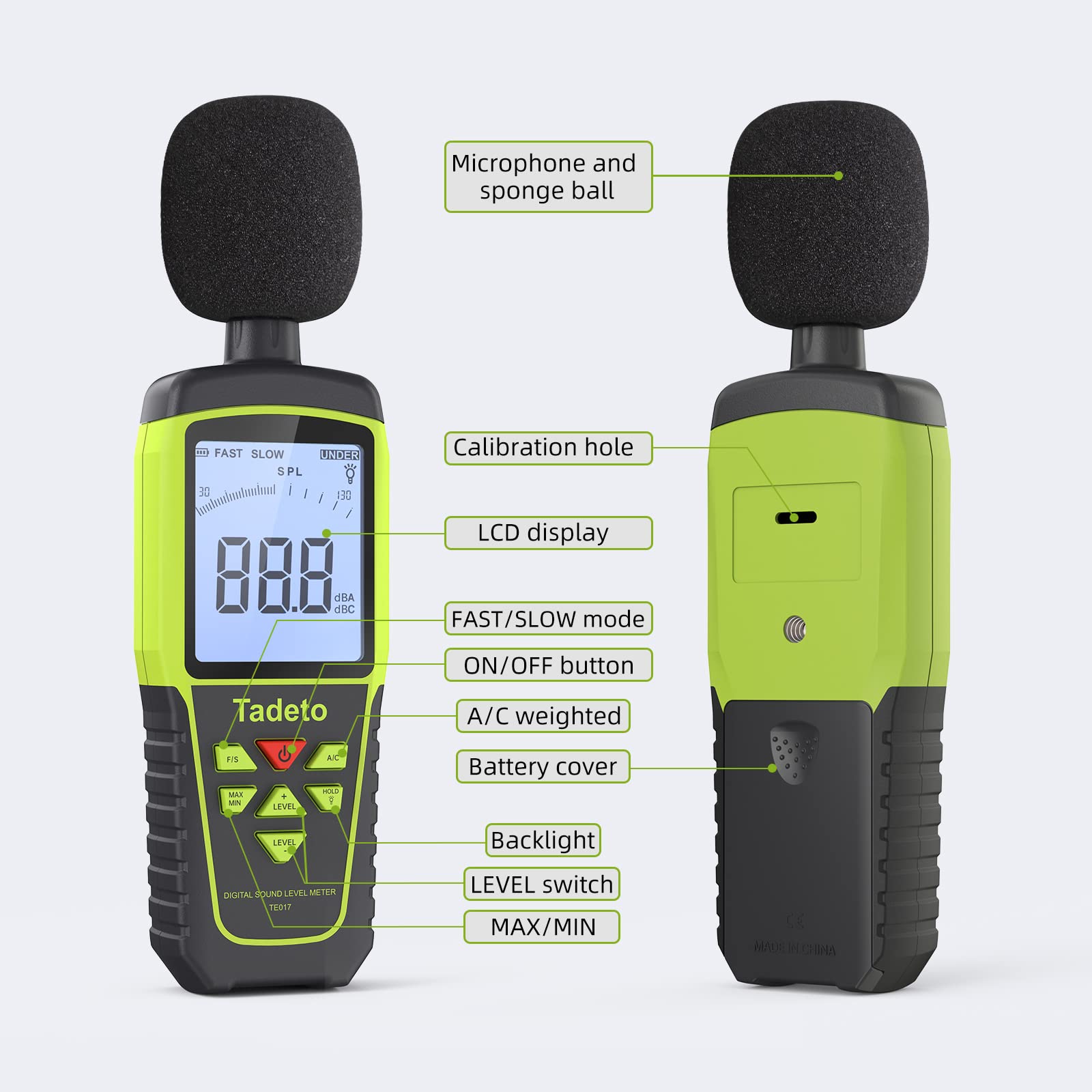 Decibel Meter, Tadeto Digital Sound Level Meter Portable SPL Meter 30dB to 130dB(5 Measurement Range) Backlight LCD Display, MAX/MIN Noise Measurement, Audible and Visual Alarms,Data Hold, A/C Mode