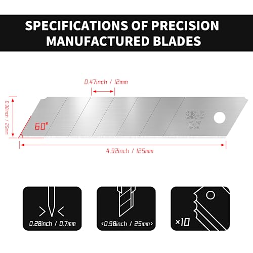 Decare Upgraded 25mm Snap Off Blades, SK5 Heavy-Duty Replacement Blades, 60 Blades (420 segments) for Retractable Snap-Off Utility Knife and Box Cutter