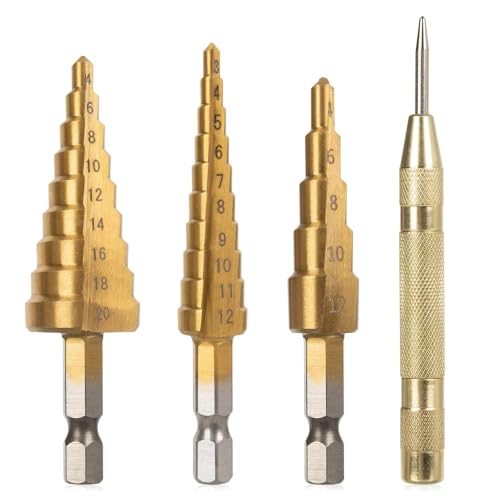 QEZEZA Step Drill Bits 4Pcs Set, High-Speed Steel Step Drill Bit Set with Automatic Spring Loaded Center Punch Power Tools