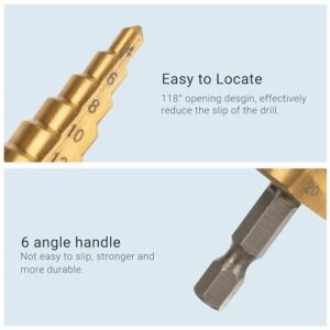 QEZEZA Step Drill Bits 4Pcs Set, High-Speed Steel Step Drill Bit Set with Automatic Spring Loaded Center Punch Power Tools