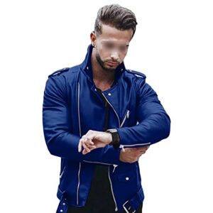 maiyifu-gj faux leather jackets for men classic pu leather motorcycle jacket lapel asymmetric zip up belted biker coat (dark blue,large)