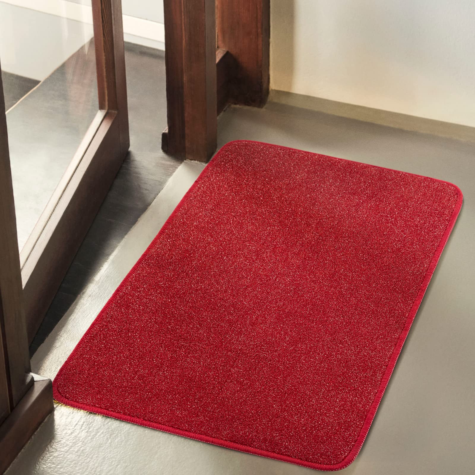 Carvapet 24"x35" Indoor Doormat Dirt Trapper Machine Washable Non-Slip Front Door Mat Inside Shoes Scraper Mats Low-Profile Entrance Rug for Doorway Patio Porch Foyer, Red Silver